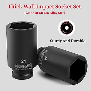 Meiwaltee 1/2" Drive Deep Impact Socket Set, 20PCS Metric10-24mm socket Assortment include 3'' 5'' 10'' Extension Bar,Cr-MO steel with black phosphate coating