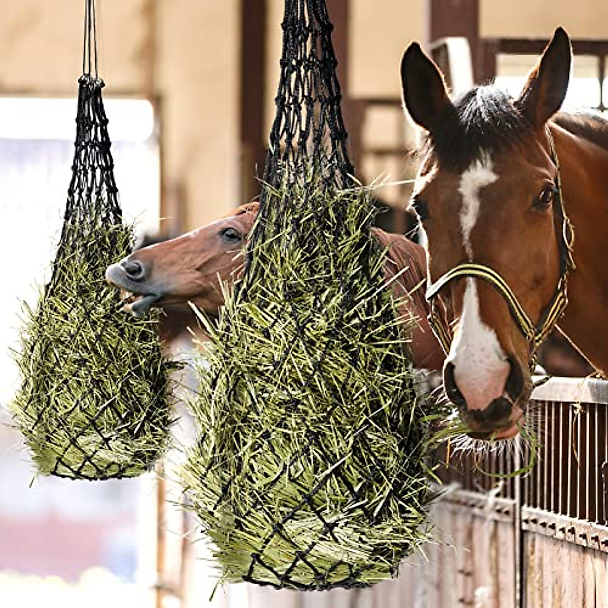 Woiworco 2 Packs Slow Feed Hay Net for Horses, 40 inch Length 2 x 2 inch Holes Goat Hay Feeder, Adjustable Nylon Hanging Hay Bags for Horse Goat Feed, Horses Stall and Trailer, Reduce Waste