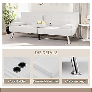 Flamaker Futon Sofa Bed Modern Folding Futon Set Faux Leather Convertible Recliner Lounge for Living Room with 2 Cup Holders, Removable Armrests (Faux Leather, White)