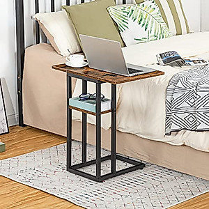 HOOBRO Foldable End Table, C Shaped Side Table with Storage Shelf, Small Snack Table Suitable for Living Room Bedroom Small Spaces, Easy Assembly, Rustic Brown BF29SF01
