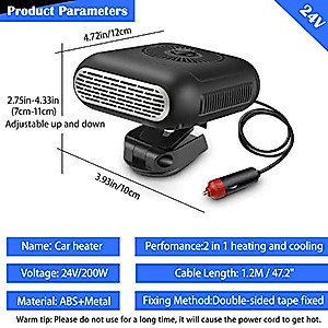 Portable Car Heater, 2 in 1 Fast Heating & Cooling Function Car Defroste Automobile Windscreen Fan Cars Defogger Plug in Cigarette Lighter (24V 220W)
