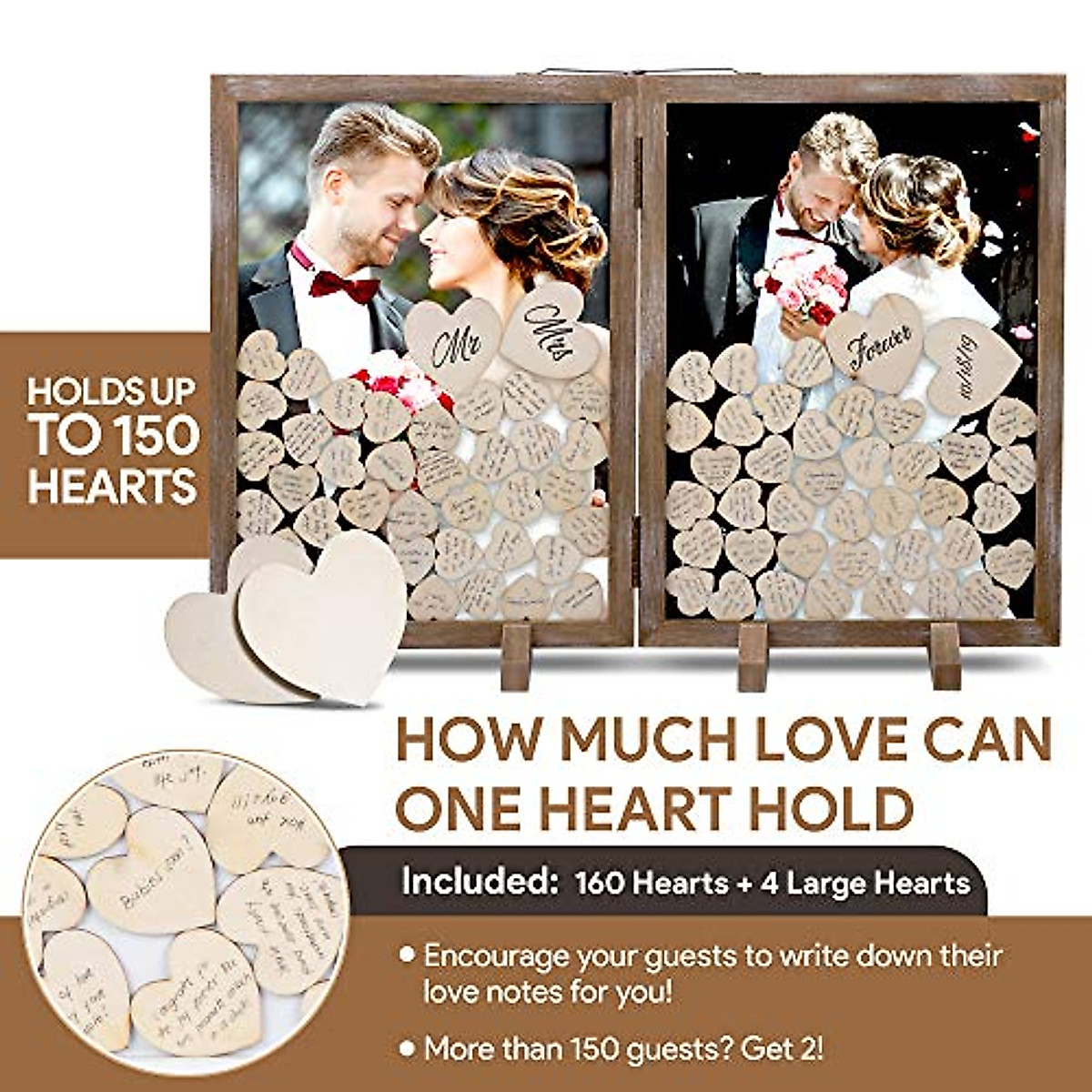 GLM Wedding Guest Book Alternative with Sign, 160 Hearts and 4 Large Hearts, Guest Book Wedding Reception, Rustic Wedding Decorations for Reception, Wedding Decor (Brown)