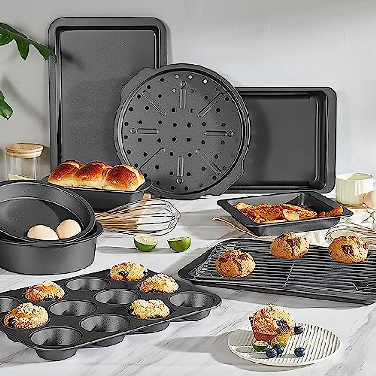 HONGBAKE Bakeware Sets, Baking Pans Set, Nonstick Oven Pan for Kitchen with Wider Grips, 10-Pieces Including Rack, Cookie Sheet, Cake Pans, Loaf Pan, Muffin Pan, Pizza Pan - Grey
