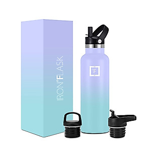 IRON °FLASK Sports Water Bottle - 3 Lids (Narrow Straw Lid) Leak Proof Vacuum Insulated Stainless Steel - Hot & Cold Double Walled Insulated Thermos, Durable Metal Canteen - Cotton Candy, 20 Oz