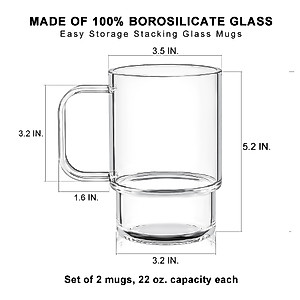 Aquach Glass Mug 22 Ounces 2pcs Stackable Clear Coffee Tea Juice Cup Drinking Glasses