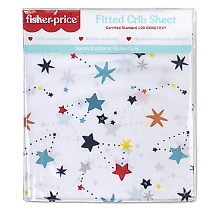 Fisher Price Space Explorer Fitted Crib Sheet Cotton Stars, Space Themed Nursery Bedding 28 x 52” Fitted Crib Sheet for Standard Crib Mattress