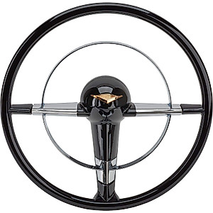 Speedway Motors 15 Inch Steering Wheel and Adapter Plate, Fits 1955-56 Chevy, 3-Spoke Design with Black and Chrome Finish Replaces Original 18 Inch Steering Wheel