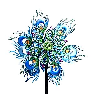 Roaming Light Peacock Wind Spinner, 48Inch Double Wind Sculpture, Kinetic Wind Spinners Outdoor Metal Stake Yard Spinners, Garden Wind Catcher Wind Mills, Wind Spinners for Yard and Garden