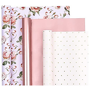 WRAPAHOLIC Wrapping Paper Roll - Mini Roll - 3 Rolls - 17 Inch X 120 Inch Per Roll - Pink and Rose Gold Design for Wedding, Holiday, Party, Baby Shower