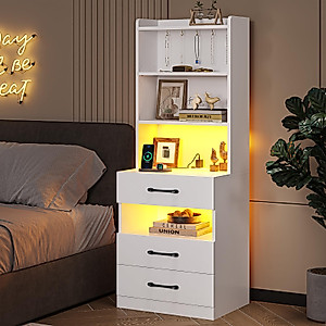 VIAGDO Tall Nightstand with Charging Station and LED Lights, Large White Night Stand with Bookshelf, Modern LED Bedside Table with 3 Drawers and Storage Shelves, End Side Table for Bedrooms, Dorms