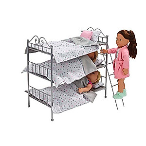 Badger Basket Toy Scrollwork Metal Triple Doll Bunk Bed with Ladder and Bedding for 18 inch Dolls - Silver/Pink