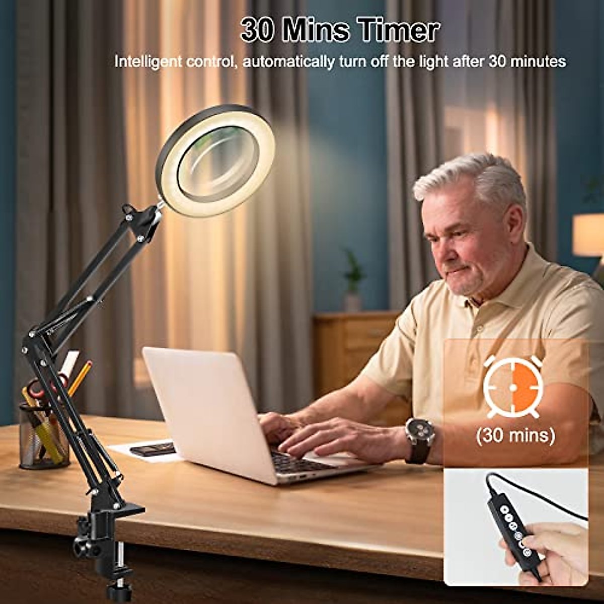 BRISON Magnifying Desk Lamp with Clamp, 3 Adjustable Light, 10 Brightness 8X Magnifier Lamps for Reading/Office/Soldering/Crafts, Swing Arms LED Desk Lamp with Sleep Timer Function