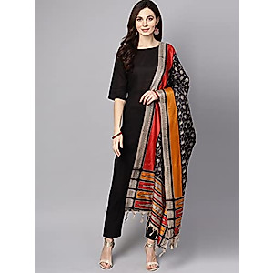 Arayna Women's Cotton Solid Straight Kurta Set with Palazzo Pants and Printed Dupatta, Black, Medium