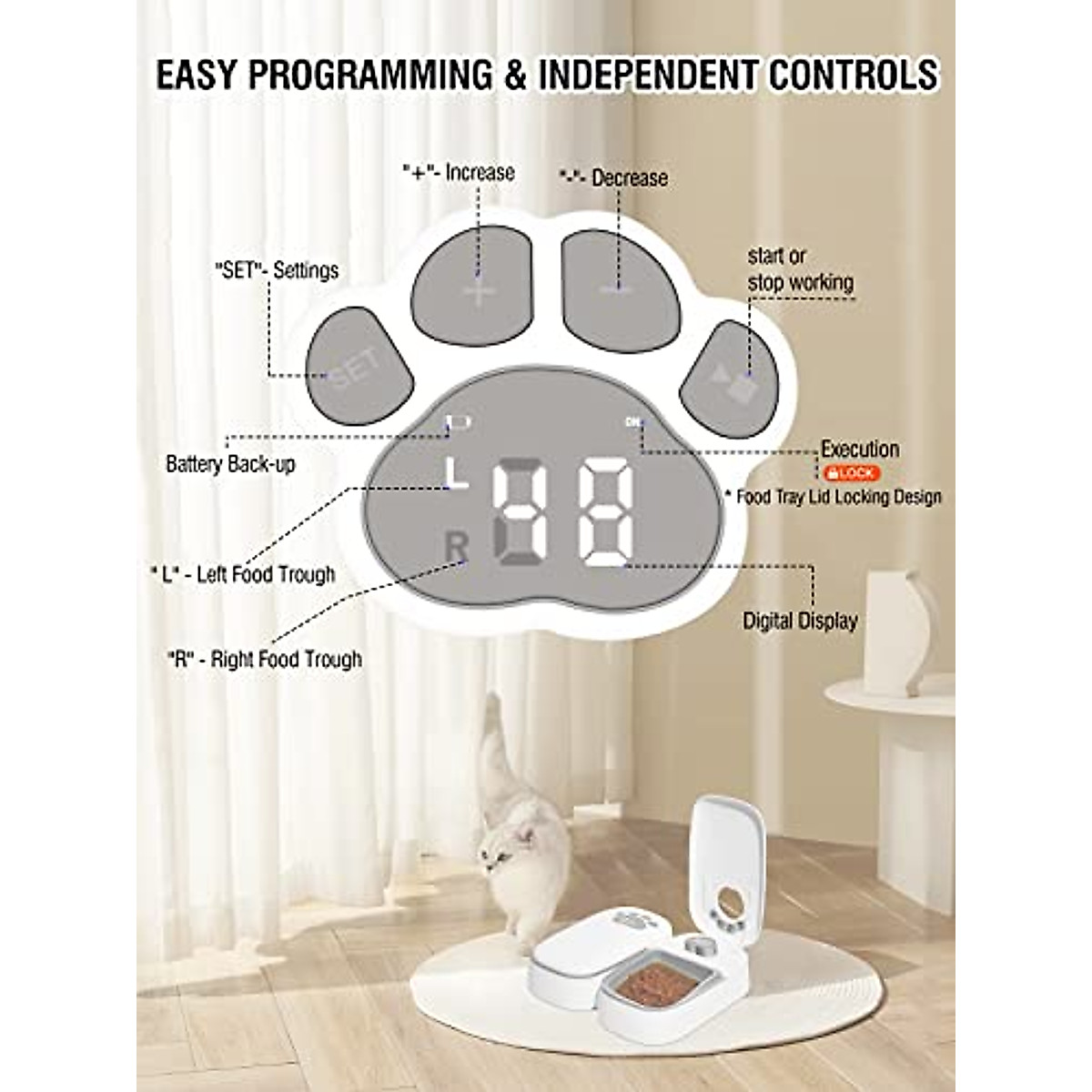 Automatic Cat Feeders 2 Cat, Wet Dry Cat Food Dispenser with 48H Delay, Smart Dog Cat Feeder Automatic with 2 Bowls, Timed Pet Feeder with Locking Design, Programmable Portion Control 2 Meals Per Day