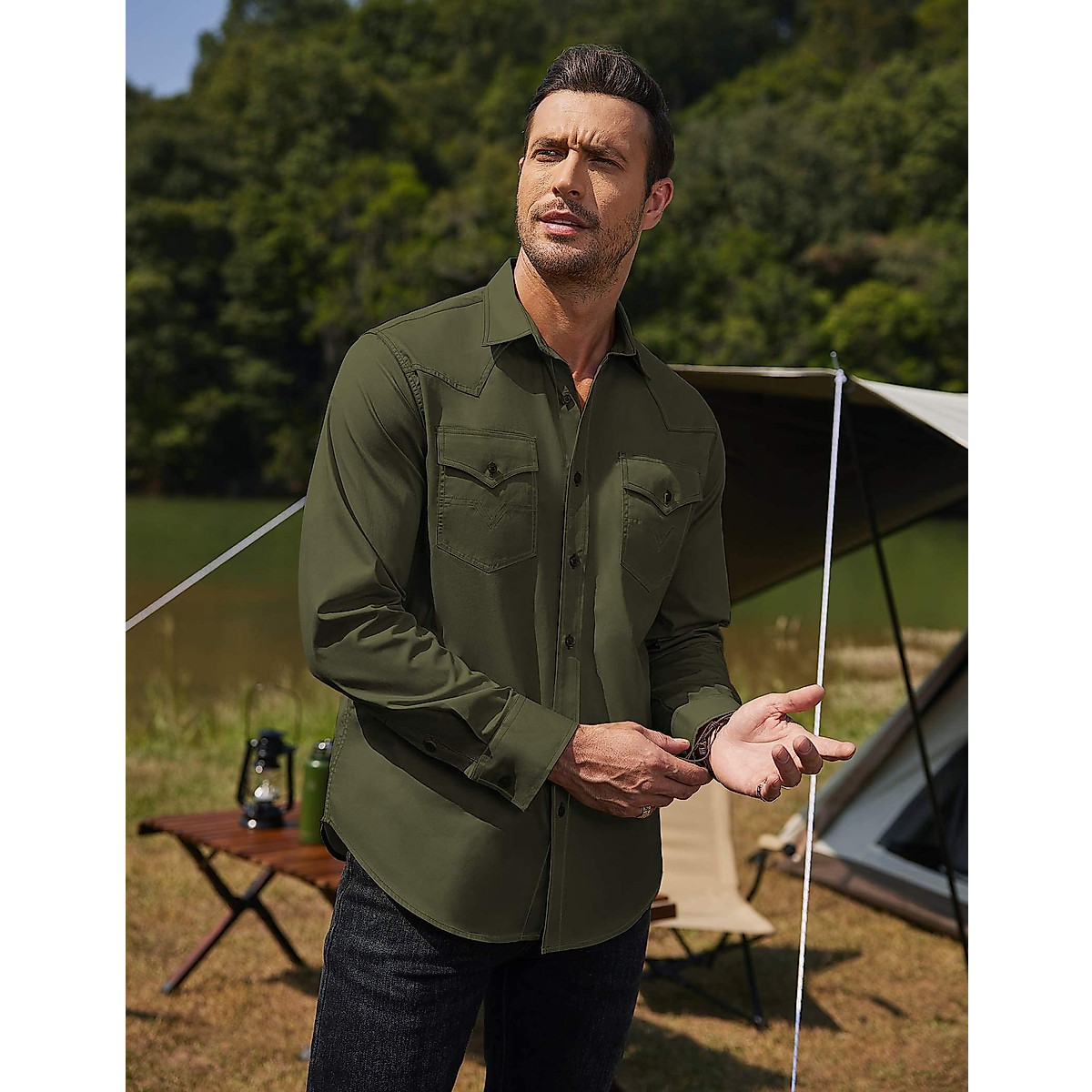 COOFANDY Men's Western Snap Shirts Loose Fit Casual Long Sleeve Embroidered Cowboy Shirts Army Green