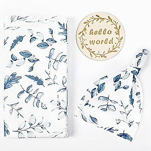 Syhood 3 Pieces Muslin Eucalyptus Swaddle Blanket with Hat Wood Birth Announcement Card Hospital Receiving Blanket Boho Vintage Greenery Newborn Swaddle Bedding for Newborn Unisex