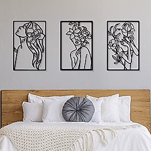 CHENGU 3 Pieces Metal Minimalist Abstract Woman Wall Art Drawing Single Line Female Home Hanging Wall Art Decor for Kitchen Bathroom Living Room (Black, Floral Style)