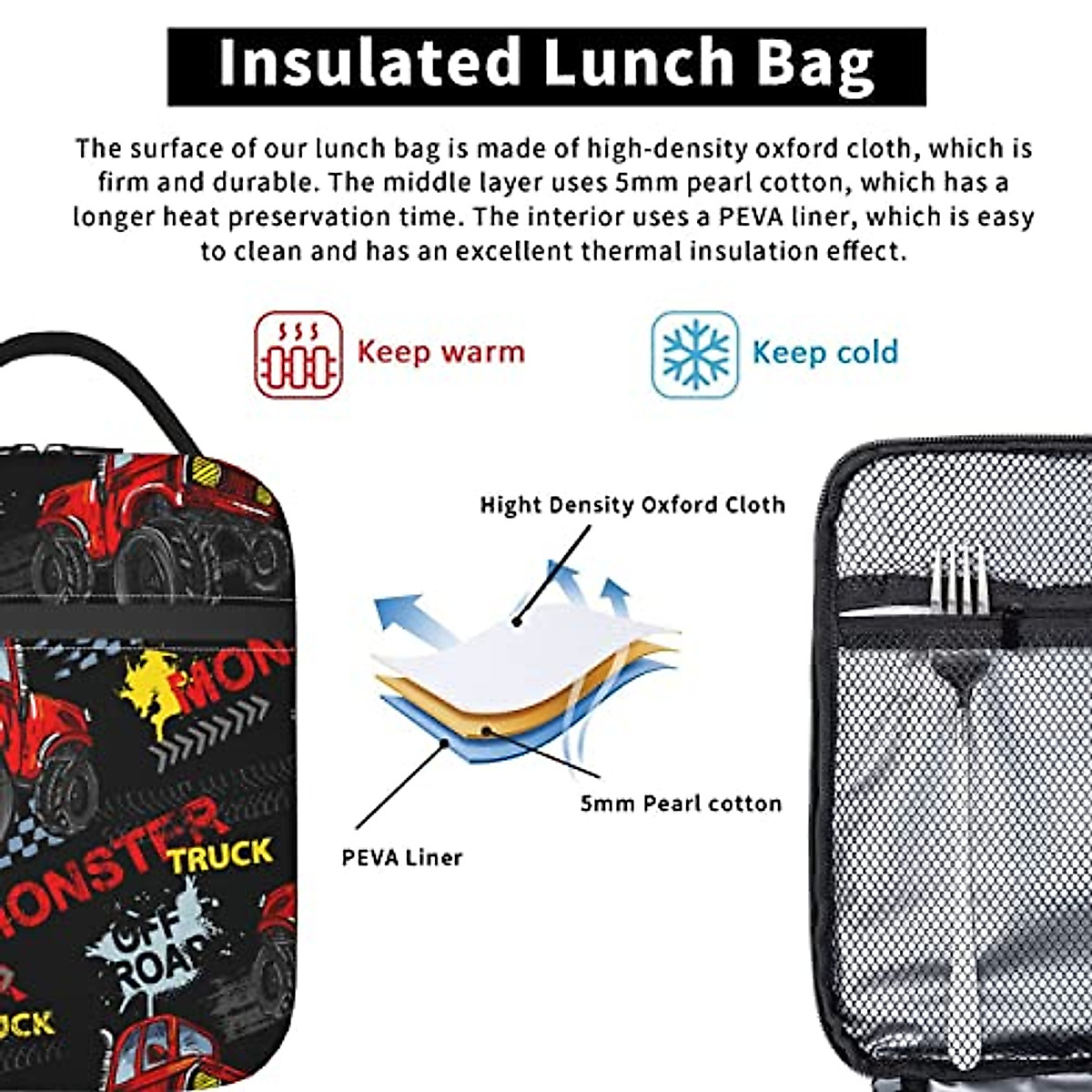 Gbuzozie Monster Trucks Cars Lunch Bag Insulated Portable Reusable Lunch Box With Zipper For Women Men Picnic Beach