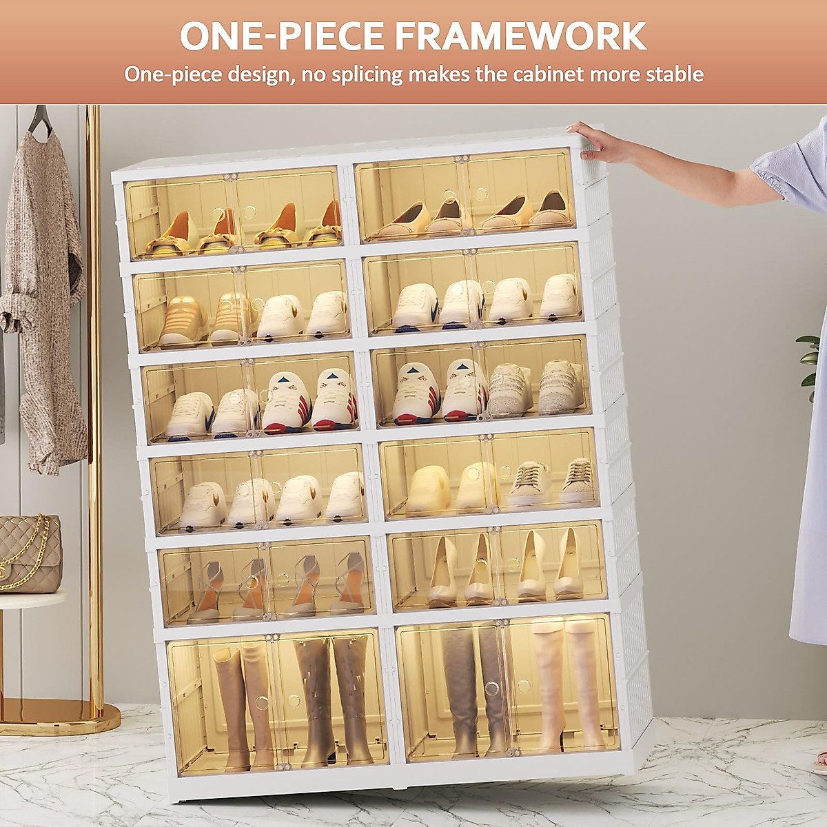 SYNCVIBE Portable Shoe Rack Organizer 6 Tier 24 Pairs Foldable Shoe Box with Doors, Large Folding Cabinet Bins.Stackable Plastic Shoe Box, Storage Shoe Cabinet for Hallway, Living Room, Closet