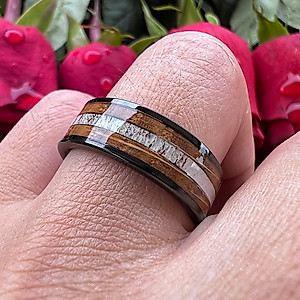 LUXUBANDS 8mm Black Tungsten Rings for Men Women Engagement Wedding Bands Whisky Barrel Wood Deer Antler Inlay Flat Polished Shiny Comfort Fit Size 11
