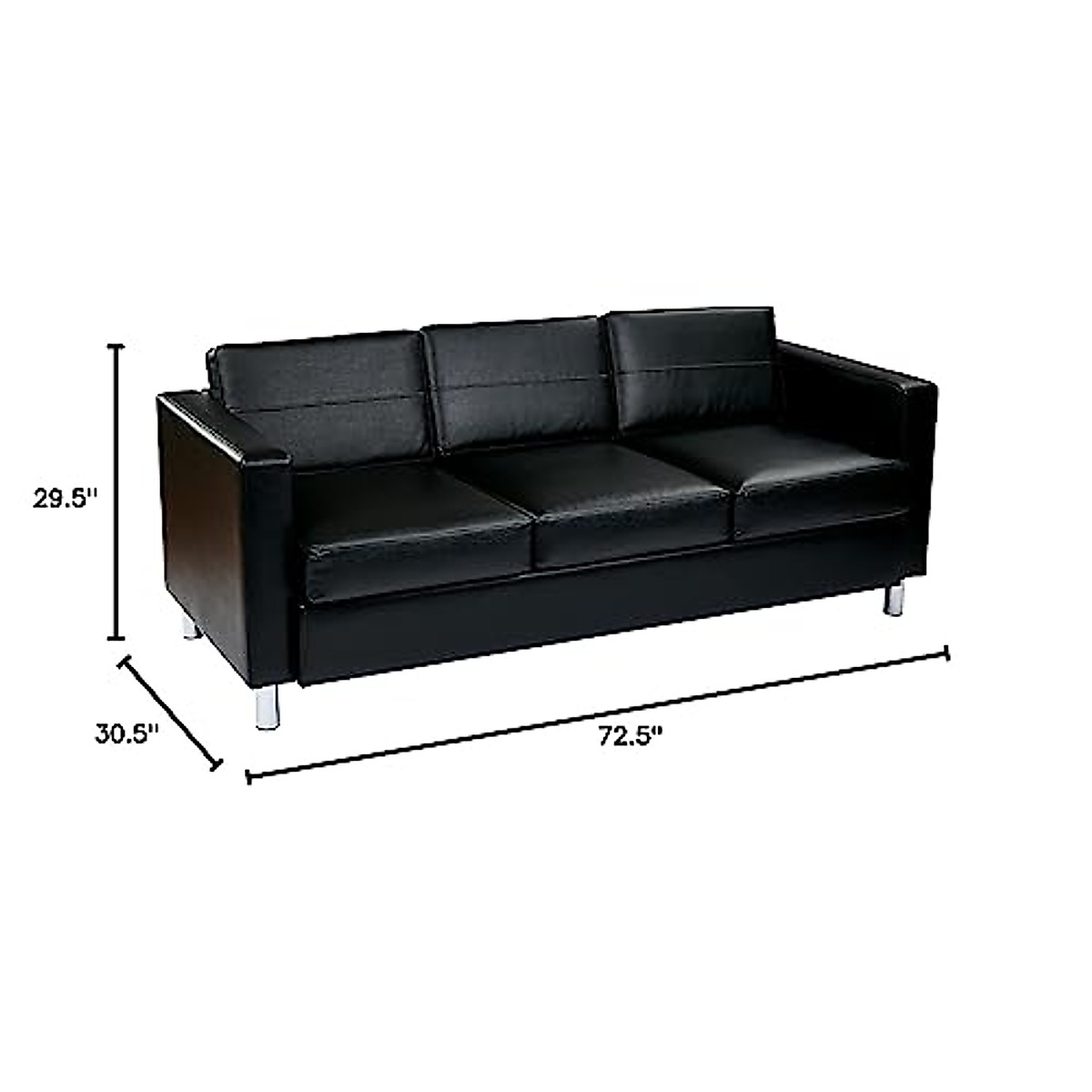 OSP Home Furnishings Pacific Vinyl Sofa Couch with Spring Seats and Silver Metal Legs, Black