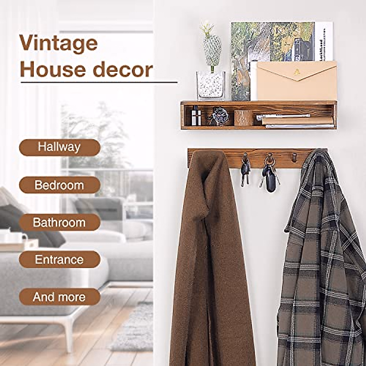 FifthQuarter Coat Hooks Wall Mounted: Easy Installation Rustic Coat Rack with Extra Storage Shelf and Sturdy Wooden Hook for Hanging Decor in Bathroom| Entryway| Bedroom | Hallway