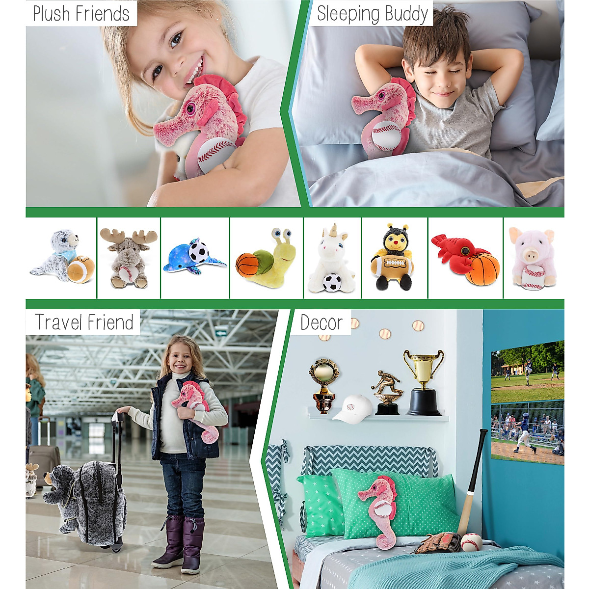 DolliBu Seahorse Stuffed Animal with Baseball Plush - Soft Huggable Seahorse, Adorable Playtime Plush Toy, Super Soft Plush Doll Animal Toy for Kids and Adults - 15 Inch