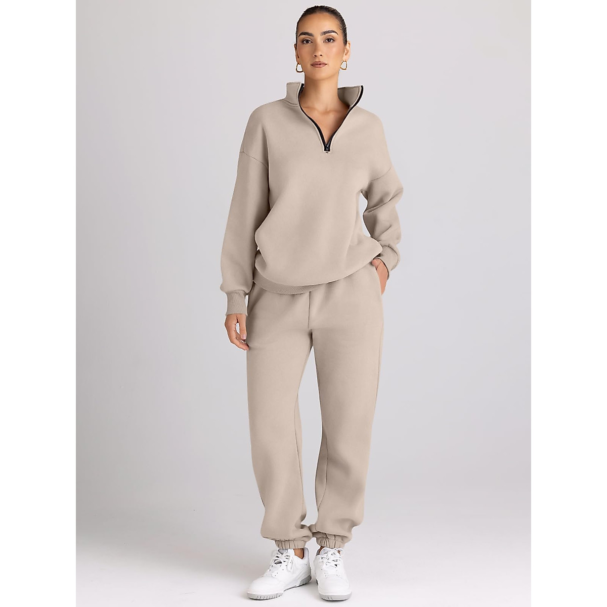 AUTOMET Women's Sweatsuits 2 Piece Outfits Long Sleeve Half Zip Pullover and Baggy Sweatpants with Pockets CoffeeGrey XL