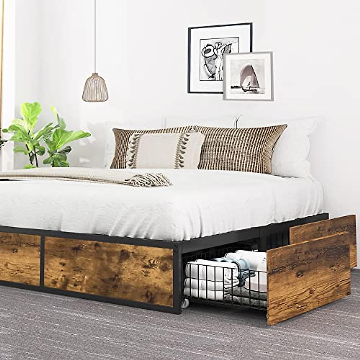 IMUsee Queen Size Bed Frame with 4 Large Storage Drawers, Heavy Duty Metal Platform Queen Bed Frame with 13 Strong Metal Slats Support, Wooden Board Decor, No Box Spring Needed, Noise Free