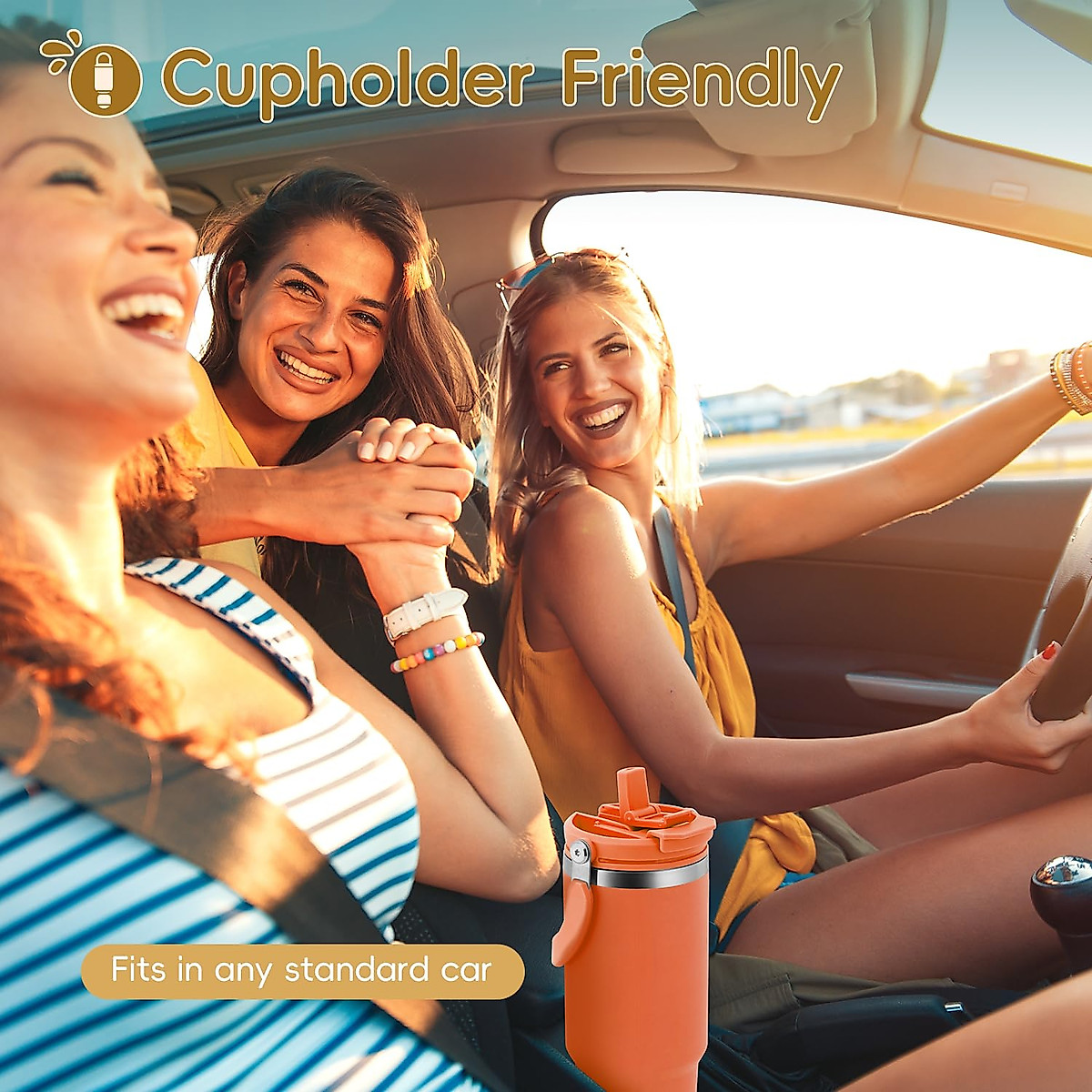 VUSIGN 30 oz Tumbler with Handle and Flip Straw, Stainless Steel Vacuum Insulated Water Bottle Travel Mug Thermal Cup for Home, Office, Car, Outdoors, Sports, Orange