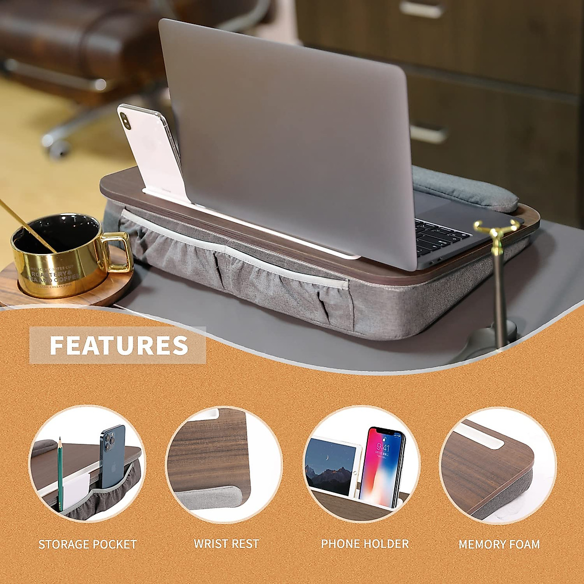 Ghost FIRE Lap Laptop Desk - Portable Wooden Laptop Desk with Pillow Wrist Rest、Storage Bags and Slots for Tablet and Phone,Fits Up to 13-15 Inch Laptop,Lightweight and Convenient for Home Office