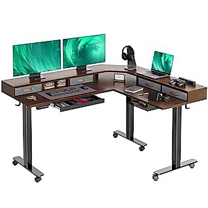 INNOVAR Triple Motor L Shaped Standing Desk with Drawers, Solid Wood Adjustable Corner Stand Up Desk, 63" Electric Standing Desk for Home Office, Black Frame/Brown Top