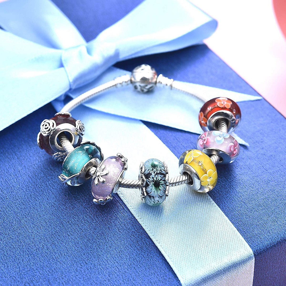 JIAYIQI Murano Glass Charm Fit Pandora Charm Bracelets 925 Sterling Silver Glass Beads Stopper Charm fit Pandora Bracelet and and Necklace