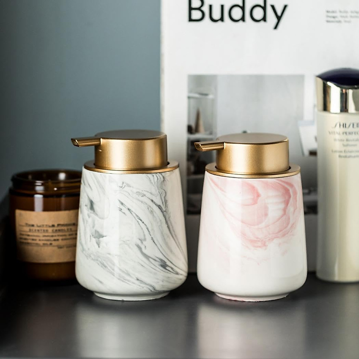 MEIGLQEA Foaming Soap Dispenser, 380ml Gray Pink Ceramic Bathroom Foam Hand Soap Dispenser, Refillable Foaming Pump Dispenser, Foaming Dish Soap Dispenser for Kitchen (Pink)