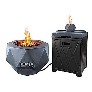 Kante 25" Concrete Propane Fire Pit Table with Assemble Tank Cover, 50,000 BTU Geometric Fire Pit with Tray Style Lid, Lava Rock, Charcoal (A-GF002-60121-SB01)