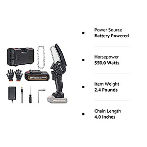 Mini Chainsaw, O-CONN 4 Inch 24V Battery Powered Cordless Chainsaw w/ 2.0Ah Battery and Charger, Handheld Portable Electric Small Chain Saw, for Tree Trimming Branch Wood Cutting (1 Battery 1 Chain)