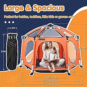 Baby Playpen, BIUSIKAN Premium Portable Baby Beach Tent, Lightweight Pop Up Pack and Play Baby Play Yard with Canopy and Travel Bag, Toddler Playpen for Indoor/Outdoor use - Orange