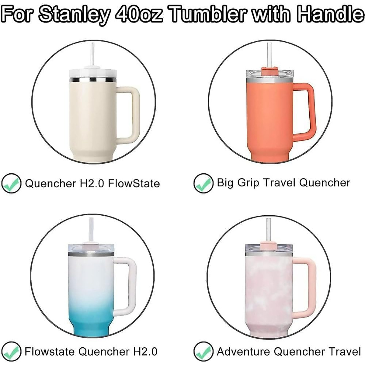 2pcs Tumbler Lid for Stanley 40oz Cup,Replacement 40 oz Tumbler Lid,2Pcs Extra Long Reusable Straws and 1Pcs Cleaning Brush (White)