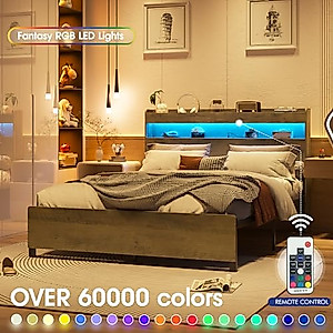 Grey Full Size Bed Frame with 2-Tier Wooden Storage Headboard and Charging Station Modern Upholstered Platform Full Bed Frame with RGB LED Lights Metal Support,No Box Spring Needed,Noise Free,Gray