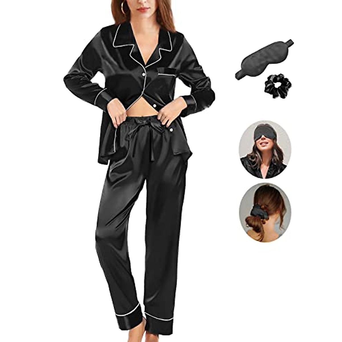 WJing Yi Jia Womens Pajama Set Silk Satin Pajamas Long 2pc Pjs Button Down Sleepwear Pj Set Loungewear White