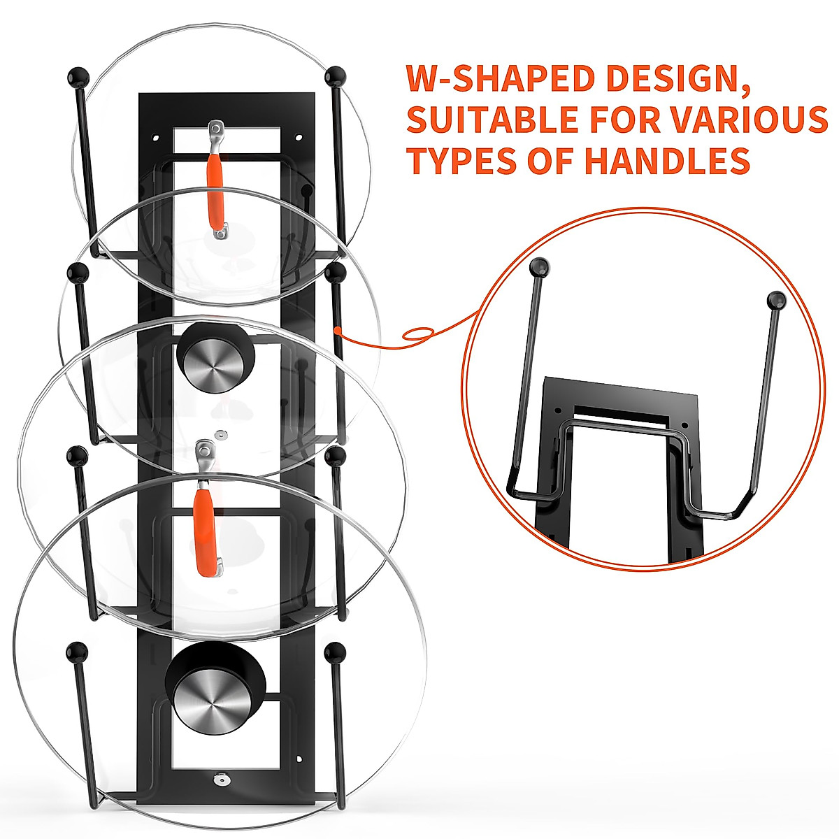 8 Layers of Adjustable Pot Lid Organizer Rack for Cabinet Door/Wall，2Pack Lid Organizer Pots and Pans Holder for Kitchen Storage with No Drilling Adhesive (Black)