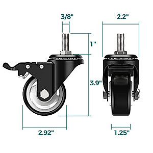 HOLKIE Caster Wheels 3 inch Total Locking Stem Casters, 3/8" -16 x 1" (Stem Diameter 3/8", Stem Length 1") Threaded Stem Casters Swivel Casters Set of 4 Heavy Duty Castors Black