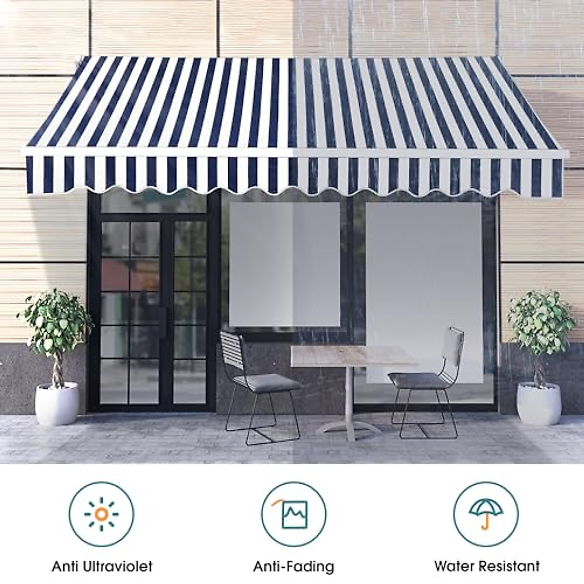 MCombo 12x10 Feet Manual Retractable Patio Door Window Awning Sunshade Shelter Outdoor Canopy (Ocean Blue with White Stripes)