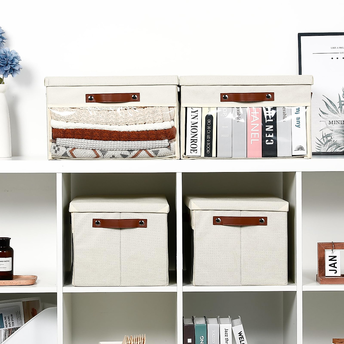 Bidtakay Collapsible Storage Bins with Lid Storage Cubes with Clear Window 15 x 11 inch Fabric Closet Organizer with Handles Storage Baskets for Shelves Organization Clothes 4-Pack Ivory