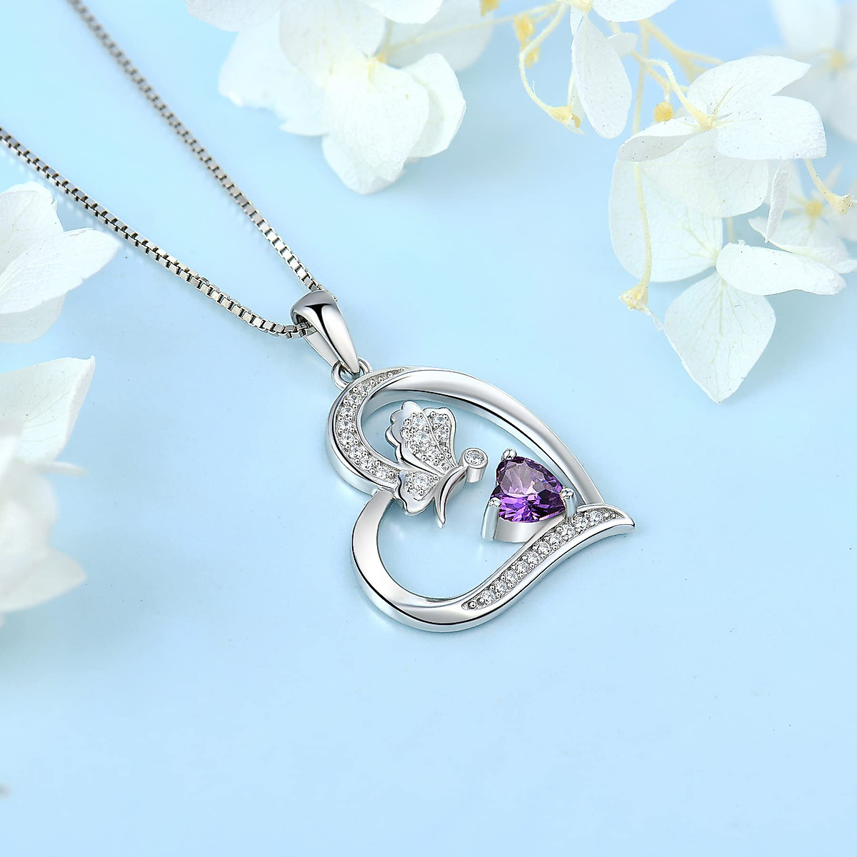 FJ Heart Butterfly Necklace for Women 925 Sterling Silver Amethyst Necklace February Birthstone Pendant Jewelry Gifts for Wife Girlfriend Mom Daughter