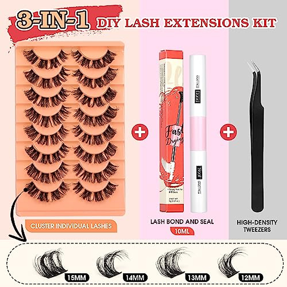 DIY Lash Extension Kit with Lash Bond and Seal, Cluster Individual Lashes Kit With Strong Lash Bond and Seal Lash Tweezers DD Curl Fluffy DIY Eyelash Extension Kit at Home