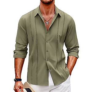 COOFANDY Mens Long Sleeve Cuban Guayabera Shirt Casual Summer Beach Button Down Shirts Green