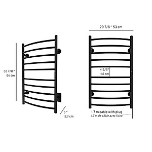 Odass | Towel Warmer | Built-in Timer with Led Indicators | Timer Modes: 1 H to 8 H, ON/Off | Temperature 30 to 60 °C (86 to 140 °F) | Wall Mounted | 10 Curved Bars | Matte Black