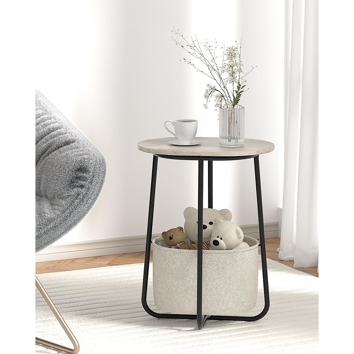 TUTOTAK Small Side Table, Oval End Table, Night Stand, Bedside Table, Sofa Table with Cloth Storage Basket, Living Room, Bed Room, Greige TB01BG063