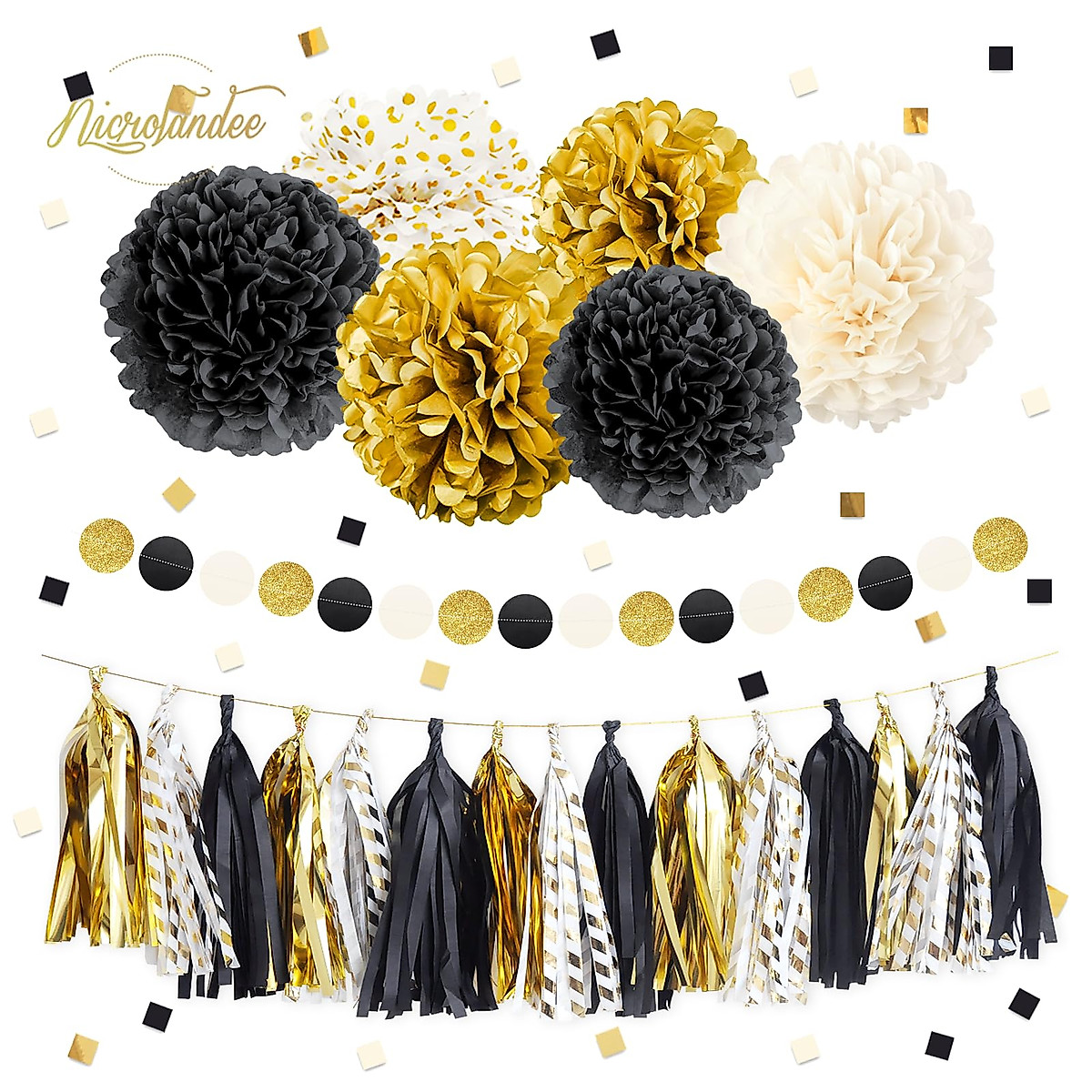 NICROLANDEE Black Gold Party Decoration, 23PCS Tissue Paper Pom Poms Kit Hanging Polka Dot Paper and Tissue Tassel for Birthday, Graduation, Wedding, New Years Decorations
